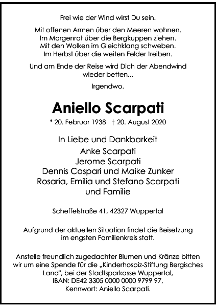 Aniello Scarpati: Traueranzeige : Westdeutsche Zeitung