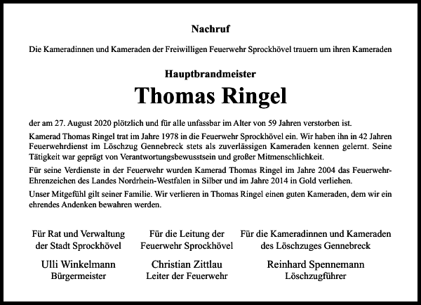 Thomas Ringel: Traueranzeige : Westdeutsche Zeitung