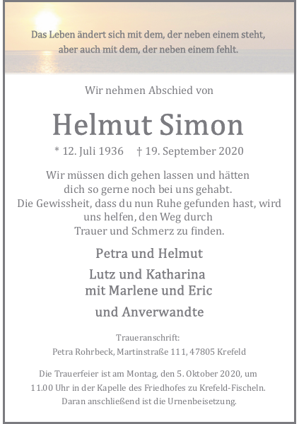 Helmut Simon: Traueranzeige : Westdeutsche Zeitung
