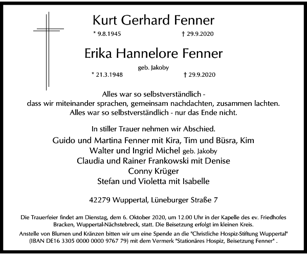 Kurt Gerhard Fenner Erika Hannelore Fenner: Traueranzeige ...