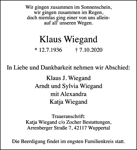 Klaus Wiegand: Traueranzeige : Westdeutsche Zeitung