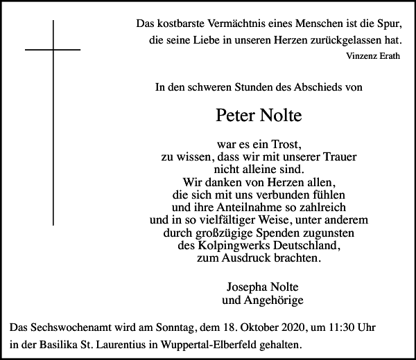 Peter Nolte: Traueranzeige : Westdeutsche Zeitung