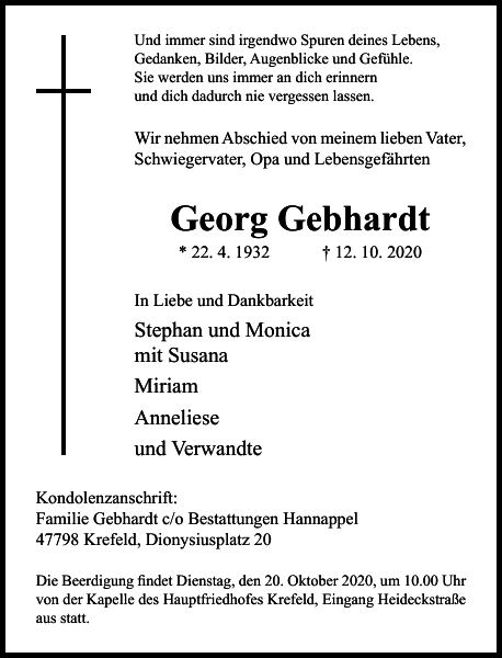 Georg Gebhardt : Traueranzeige : Westdeutsche Zeitung