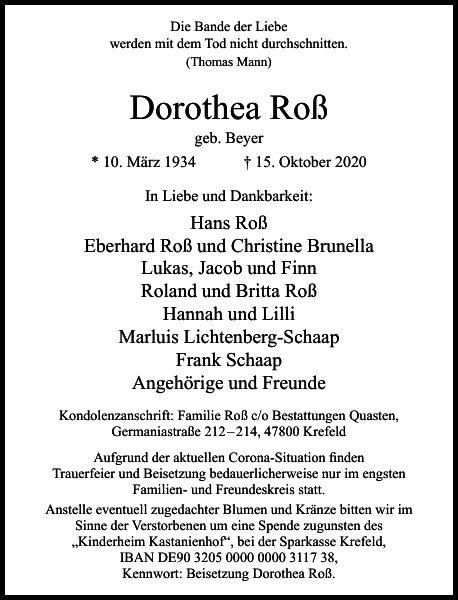 Dorothea Roß: Traueranzeige : Westdeutsche Zeitung