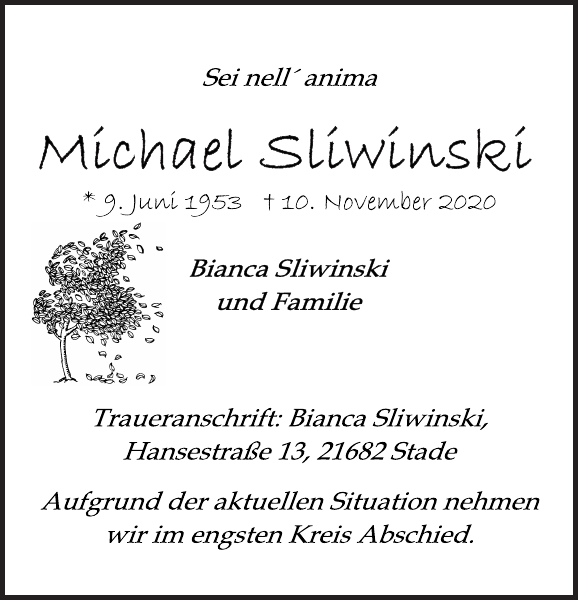 Michael Sliwinski: Traueranzeige : Stader Tageblatt
