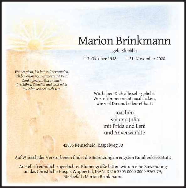 Marion Brinkmann: Traueranzeige : Remscheider General-Anzeiger