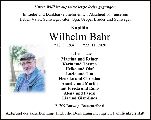 Wilhelm Bahr: Traueranzeige : Stader Tageblatt