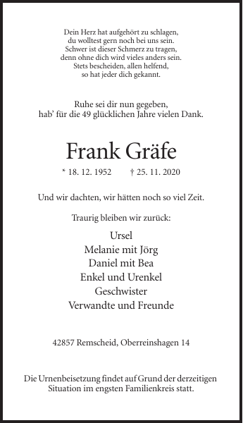 Frank Gräfe: Traueranzeige : Remscheider General-Anzeiger