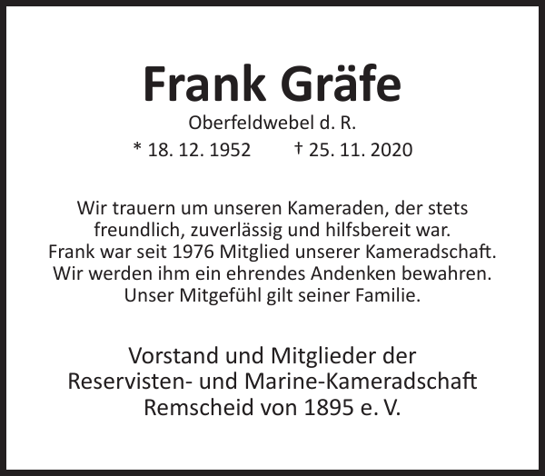 Frank Gräfe: Traueranzeige : Remscheider General-Anzeiger