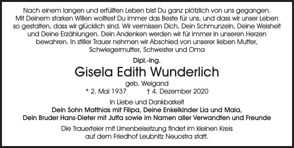 Gisela Edith Wunderlich : Traueranzeige : Sächsische Zeitung