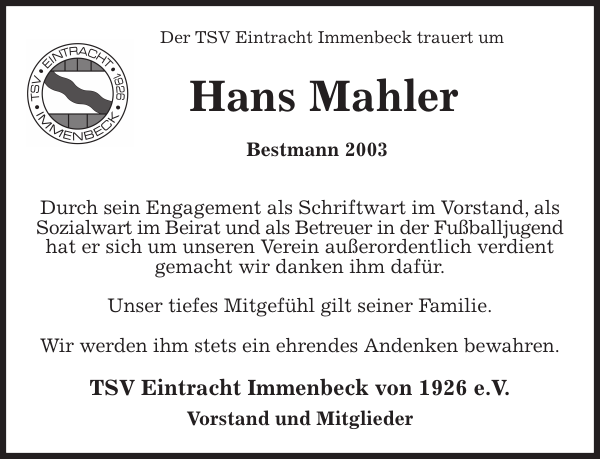 Hans Mahler: Nachruf : Stader Tageblatt