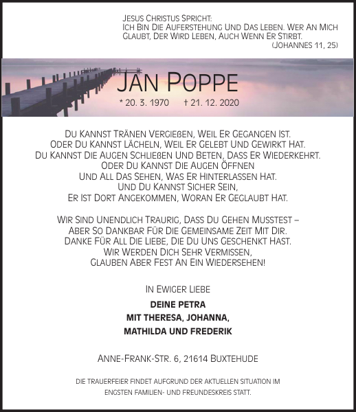 JAN POPPE: Traueranzeige : Stader Tageblatt