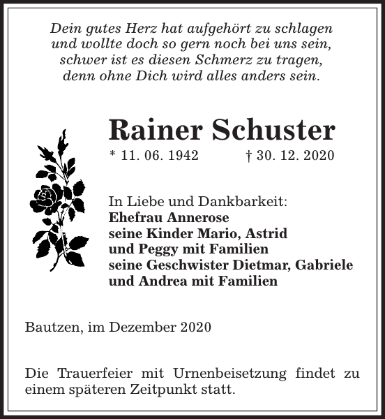 Rainer Schuster : Traueranzeige : Sächsische Zeitung