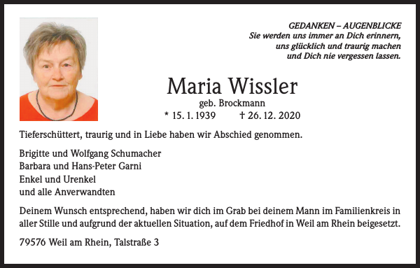 Maria Wissler: Traueranzeige : Badische Zeitung