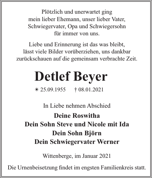 Detlef Beyer: Traueranzeige : Der Prignitzer