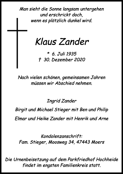 Klaus Zander: Traueranzeige : Westdeutsche Zeitung