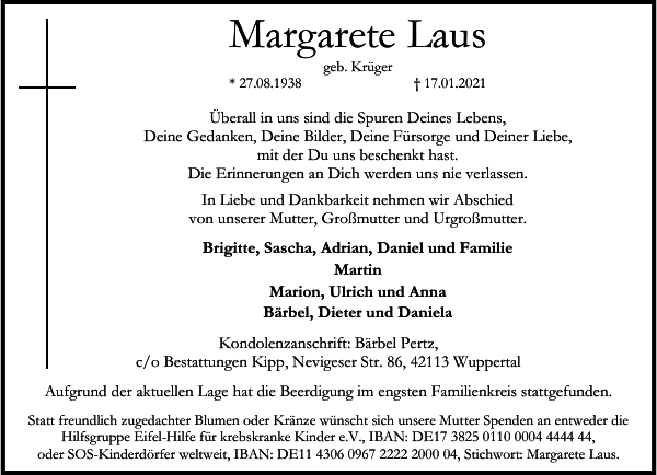Margarete Laus: Traueranzeige : Westdeutsche Zeitung