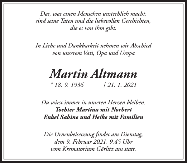 Martin Altmann : Traueranzeige : Sächsische Zeitung