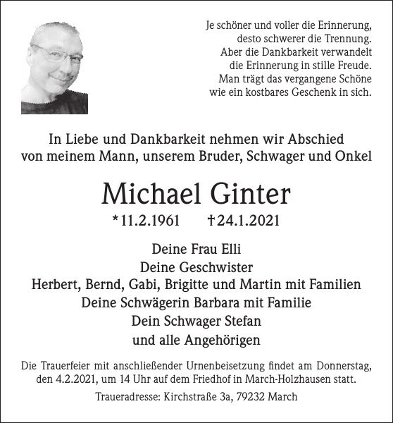 Michael Ginter: Traueranzeige : Badische Zeitung