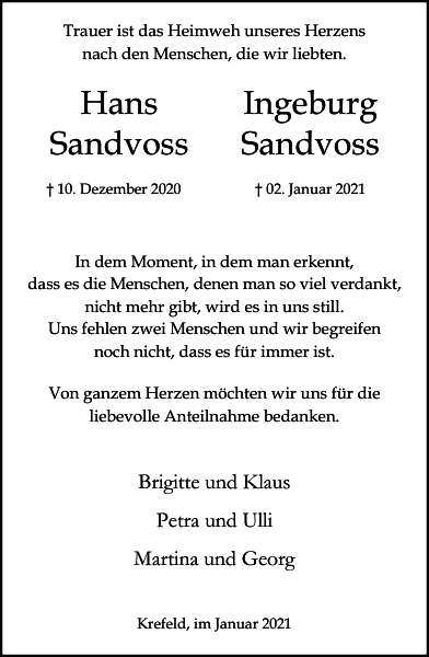 Ingeburg Sandvoss Hans Sandvoss: Danksagung : Westdeutsche Zeitung