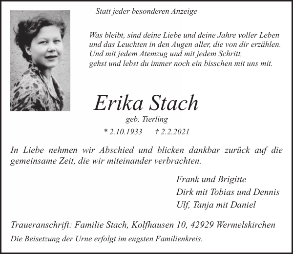 Erika Stach: Traueranzeige : Remscheider General-Anzeiger