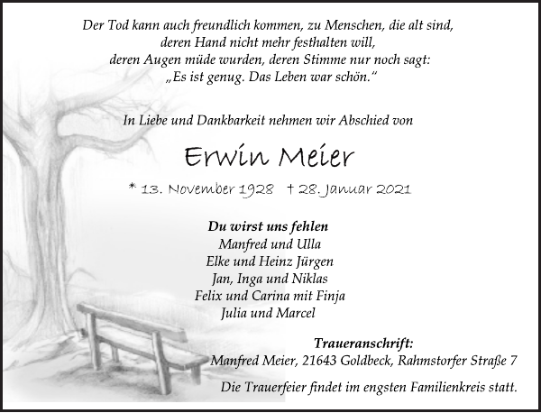 Erwin Meier: Traueranzeige : Stader Tageblatt