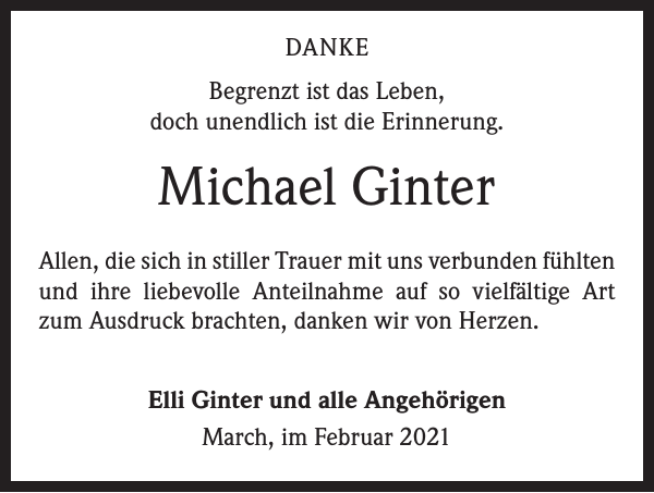 Michael Ginter: Traueranzeige : Badische Zeitung
