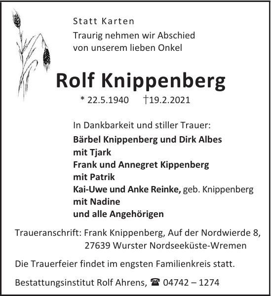 Rolf Knippenberg: Gedenken : Nordsee-Zeitung