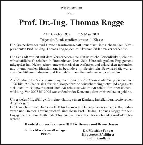 Prof. Dr.-Ing. Thomas Rogge: Nachruf : Nordsee-Zeitung
