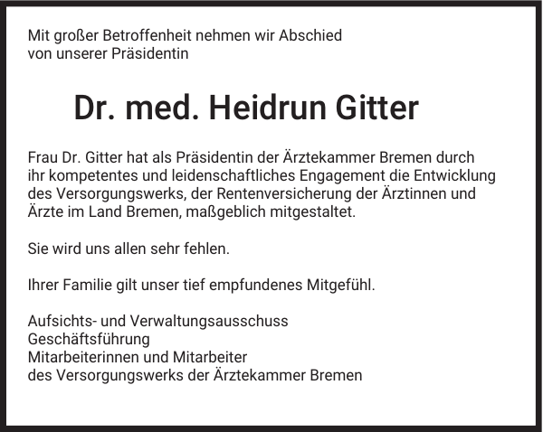 Dr. med. Heidrun Gitter: Nachruf : Nordsee-Zeitung
