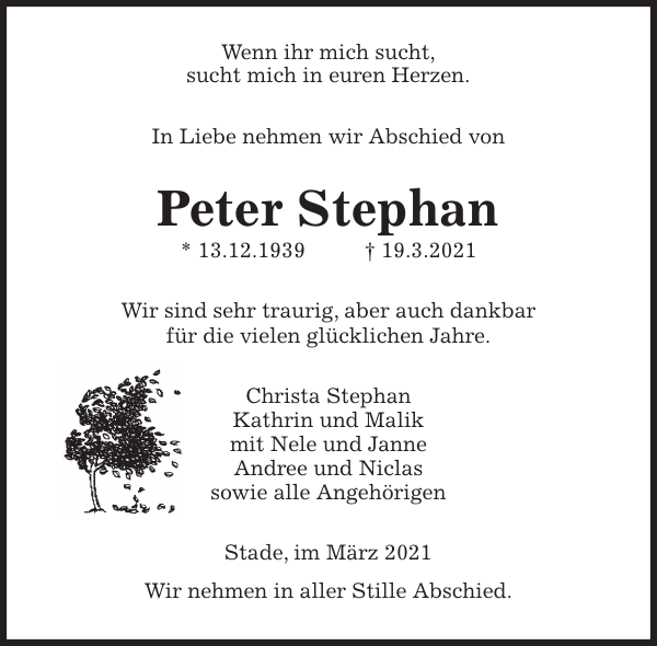 Peter Stephan: Traueranzeige : Stader Tageblatt