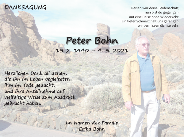 Peter Bohn: Traueranzeige : Badische Zeitung
