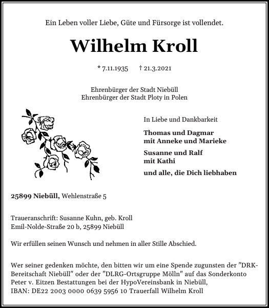 Wilhelm Kroll: Traueranzeige : Nordfriesland Tageblatt