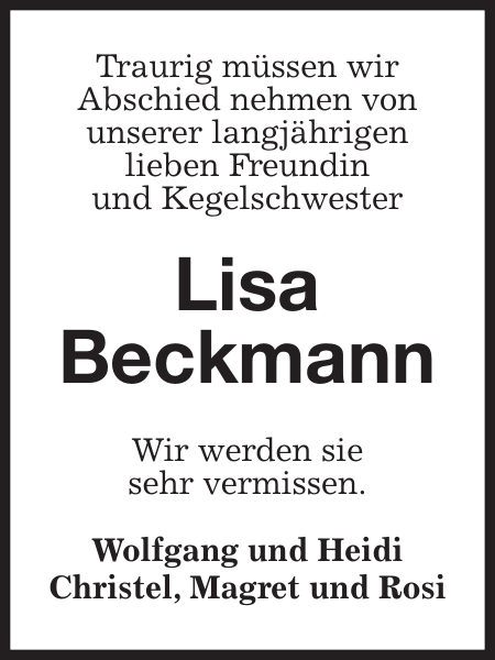 Lisa Beckmann: Nachruf : Stader Tageblatt