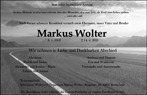 Markus Wolter: Traueranzeige : Remscheider General-Anzeiger