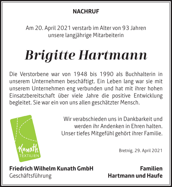 Brigitte Hartmann : Traueranzeige : Sächsische Zeitung