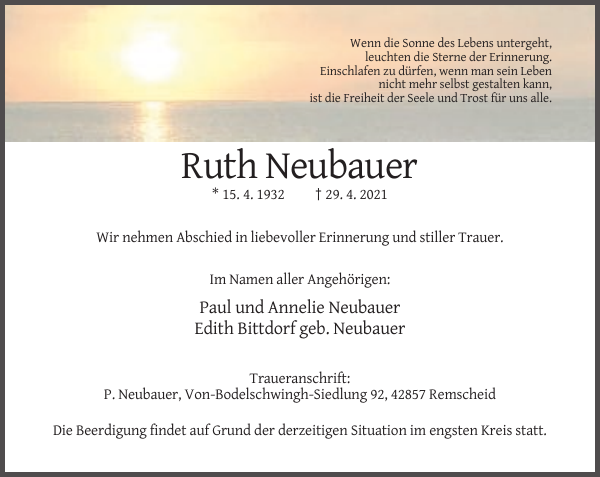 Ruth Neubauer: Traueranzeige : Remscheider General-Anzeiger