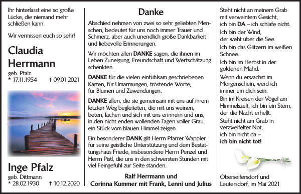 Claudia Herrmann Inge Pfalz: Danksagung : Sächsische Zeitung