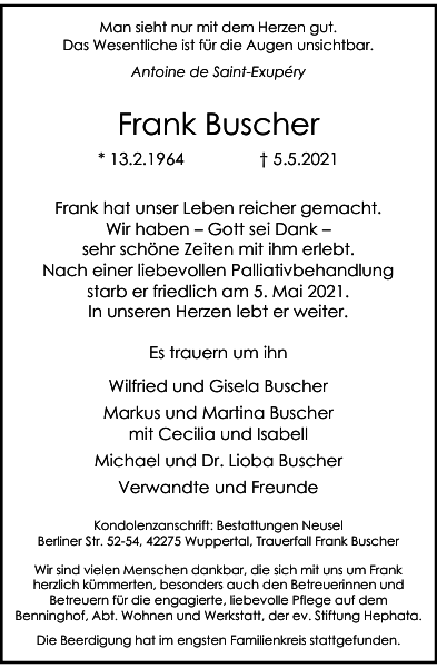 Frank Buscher : Traueranzeige : Westdeutsche Zeitung