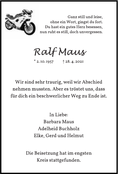 Ralf Maus: Traueranzeige : Remscheider General-Anzeiger