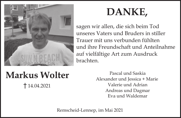Markus Wolter: Traueranzeige : Remscheider General-Anzeiger