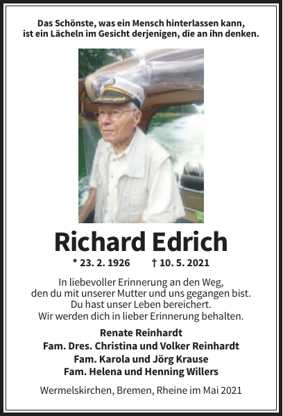 Richard Edrich: Traueranzeige : Remscheider General-Anzeiger