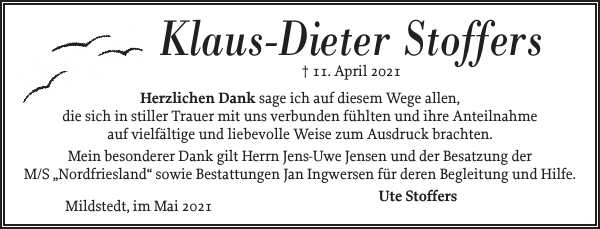 Klaus-Dieter Stoffers: Danksagung : Husumer Nachrichten Klaus-Dieter Stoffers: Danksagung : Husumer Nachrichten