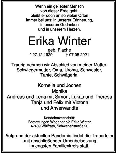 Erika Winter: Traueranzeige : Westdeutsche Zeitung