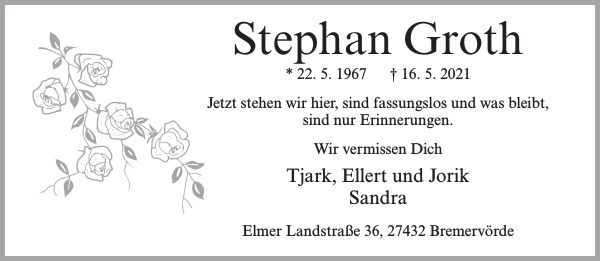 Stephan Groth : Traueranzeige : Bremervörder Zeitung