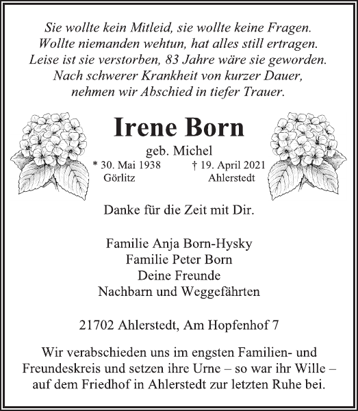 Irene Born: Traueranzeige : Stader Tageblatt