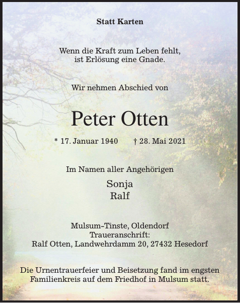 Peter Otten: Traueranzeige : Bremervörder Zeitung