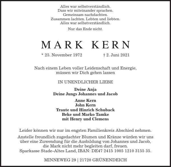 Mark Kern: Traueranzeige : Stader Tageblatt