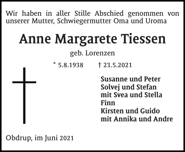 Anne Margarete Tiessen: Traueranzeige : Flensburger Tageblatt