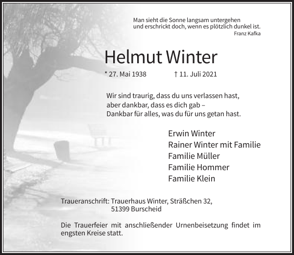 Helmut Winter: Traueranzeige : Remscheider General-Anzeiger